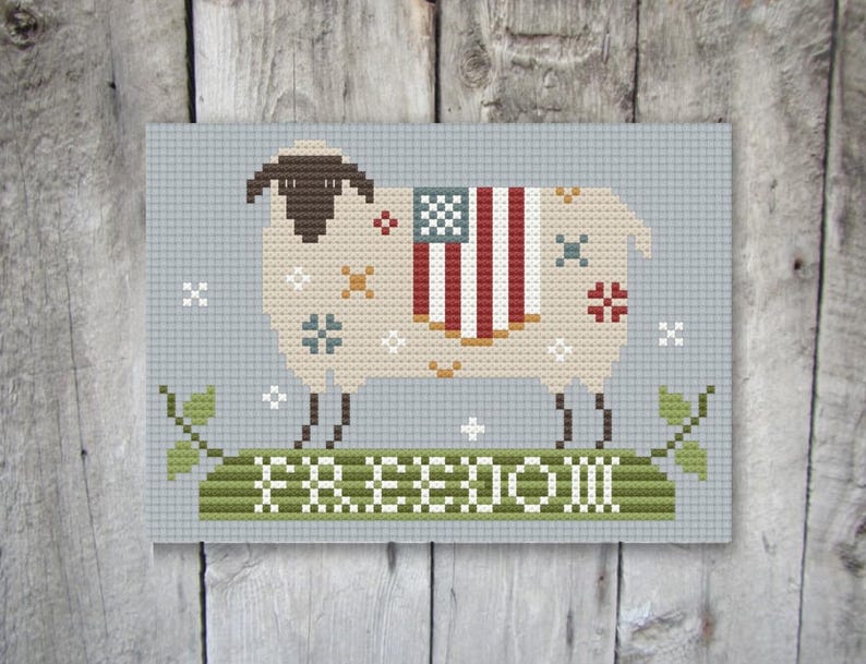 Patriotic Sheep, Whimsical Sheep With American Flag and Quilt Stars, Primitive Folk Art Cross ...