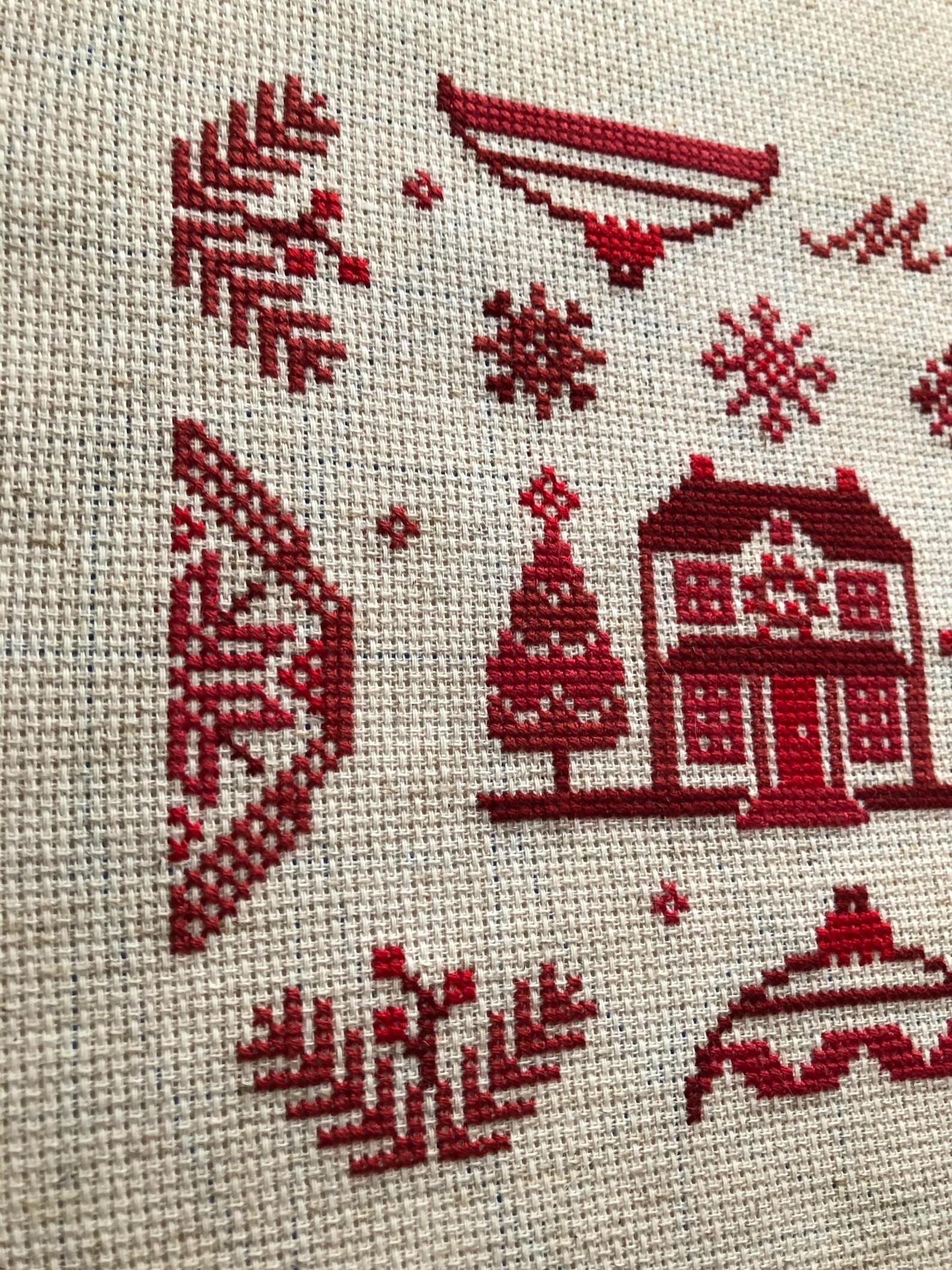 Redwork Christmas, Red Quaker Sampler With Ornament, House, Deer and ...