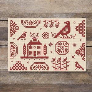 Bird Quaker, Red Quaker Motifs, Birds, House, Flowers Primitive Folk ...