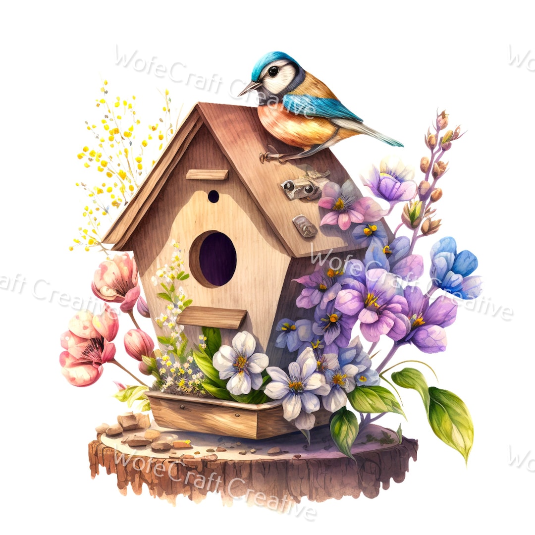 Spring Garden Birdhouse Design Garden Clipart PNG Bird Floral ...