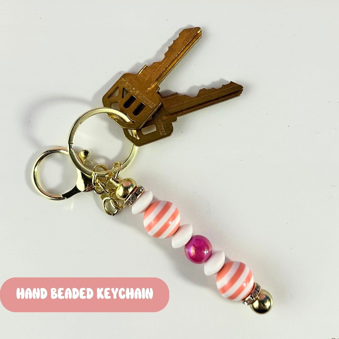 Beaded Pink Striped Keychain Hand Beaded Purse Clip Custom Made Bag Tag ...