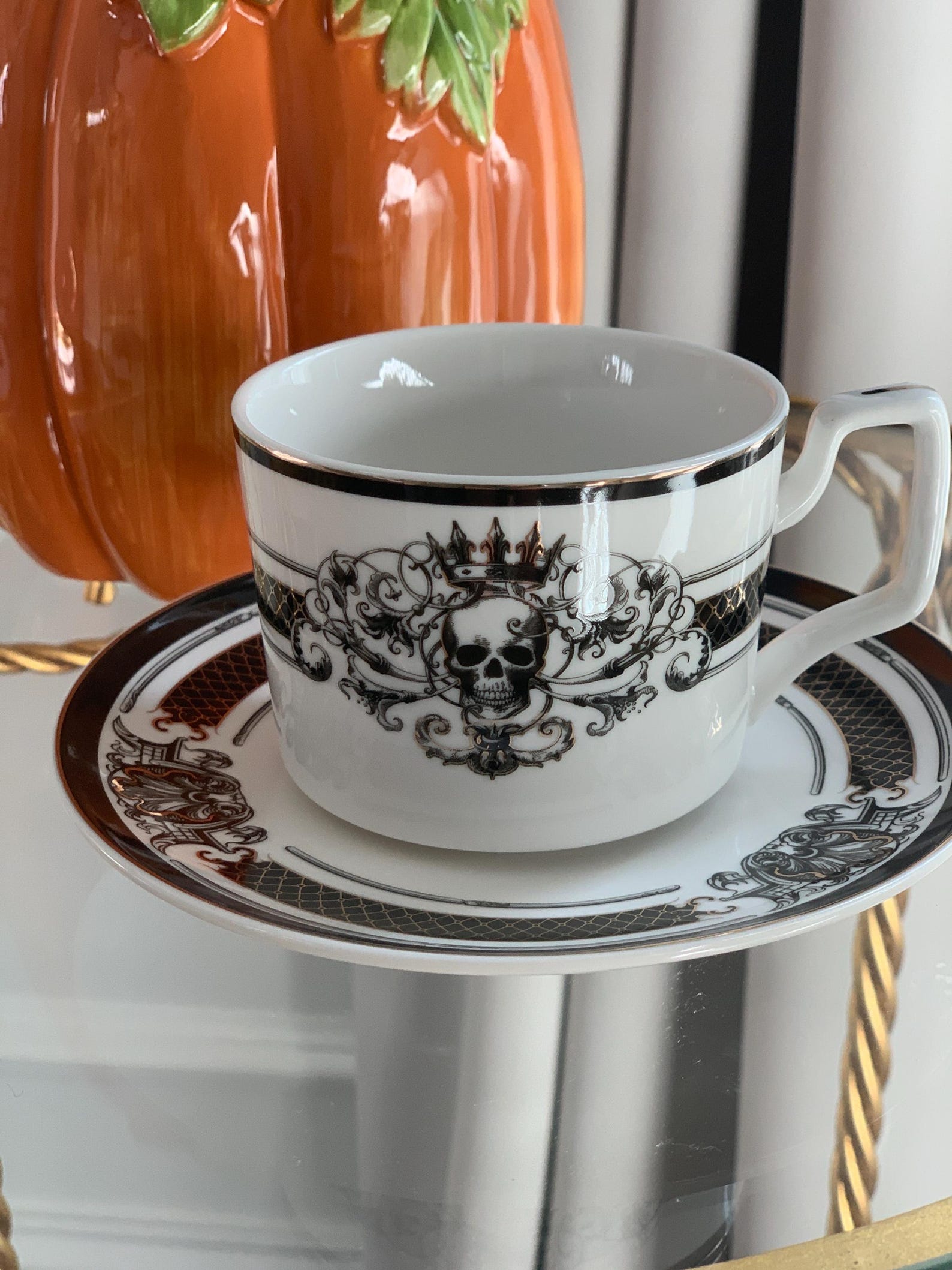 Skull and Crown Gothic Footed Teacup & Saucer Set Black and White With ...