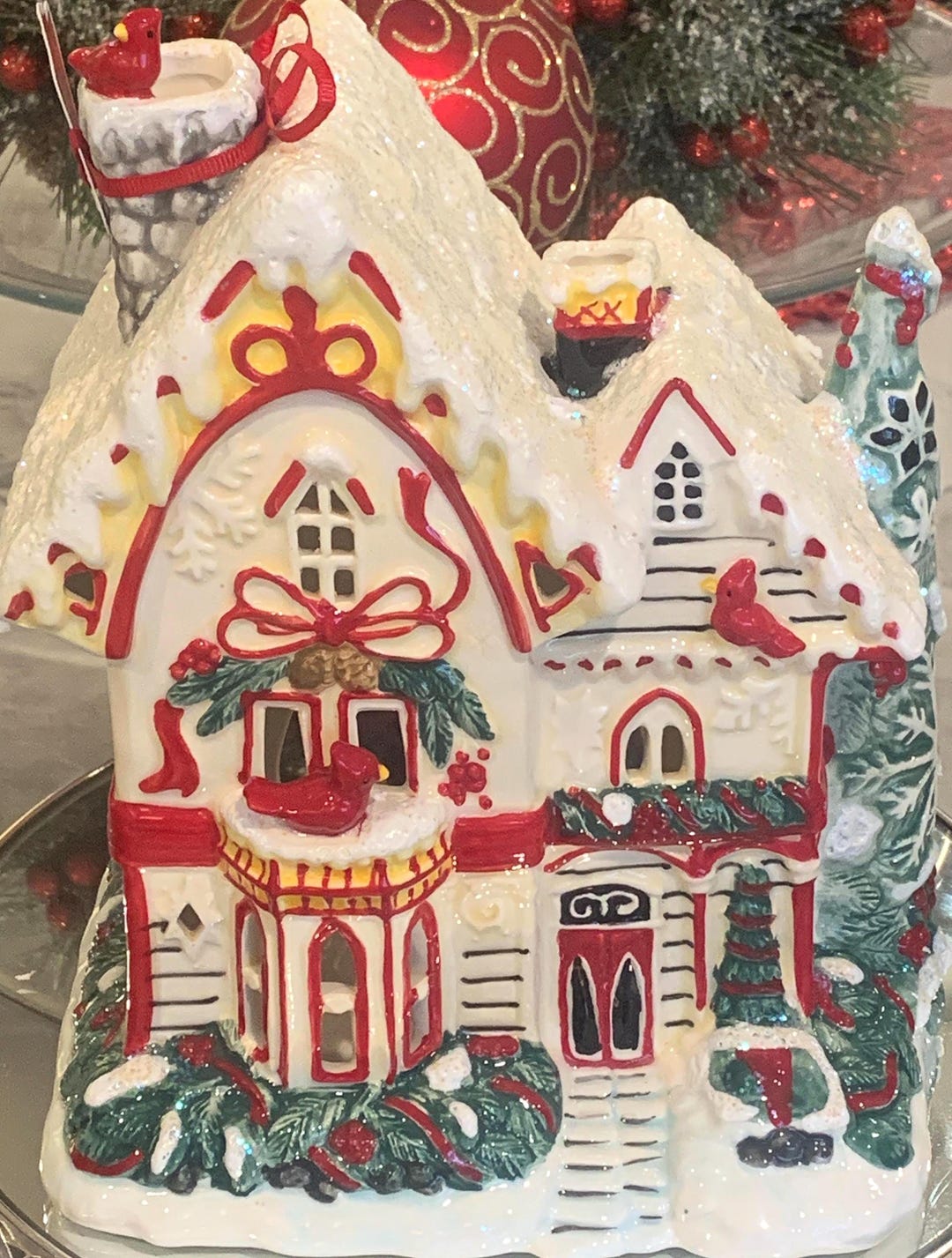Blue Sky Snowy Victorian Christmas House | Glittery Snow Roof, Trimmed ...