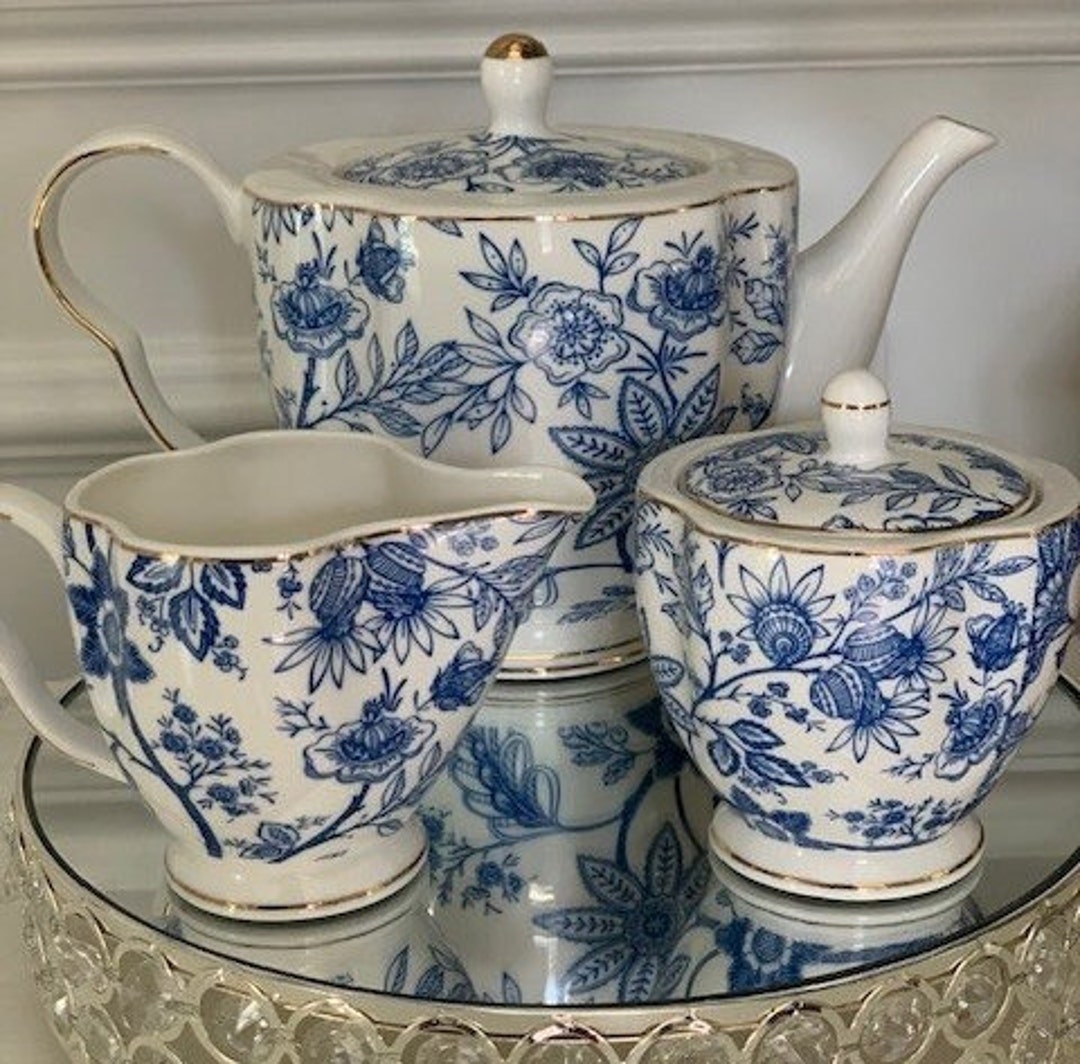 Blue and White Floral Lidded Teapot And/or Sugar and Cream Set Blue ...