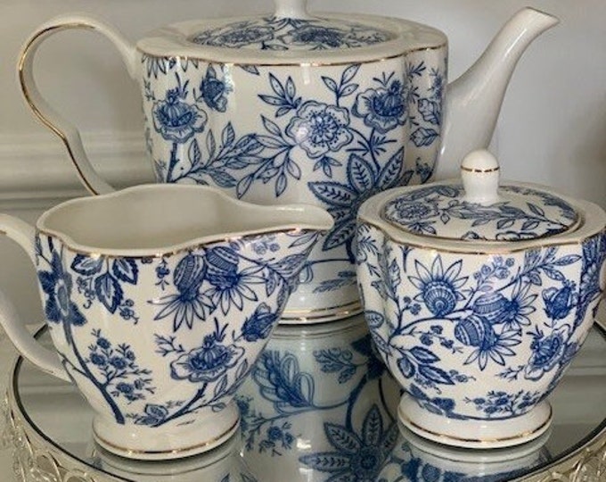 Blue and White Floral Lidded Teapot And/or Sugar and Cream Set Blue ...