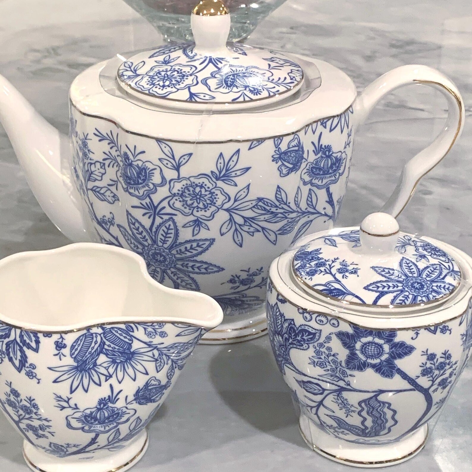 Blue and White Floral Lidded Teapot And/or Sugar & Cream Set | Blue ...