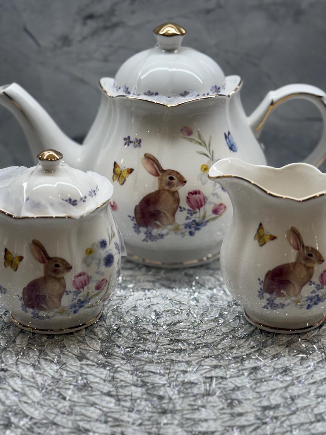 Lovely Bunny Teapot OR Sugar and Cream Set W/floral & Gold Accents ...
