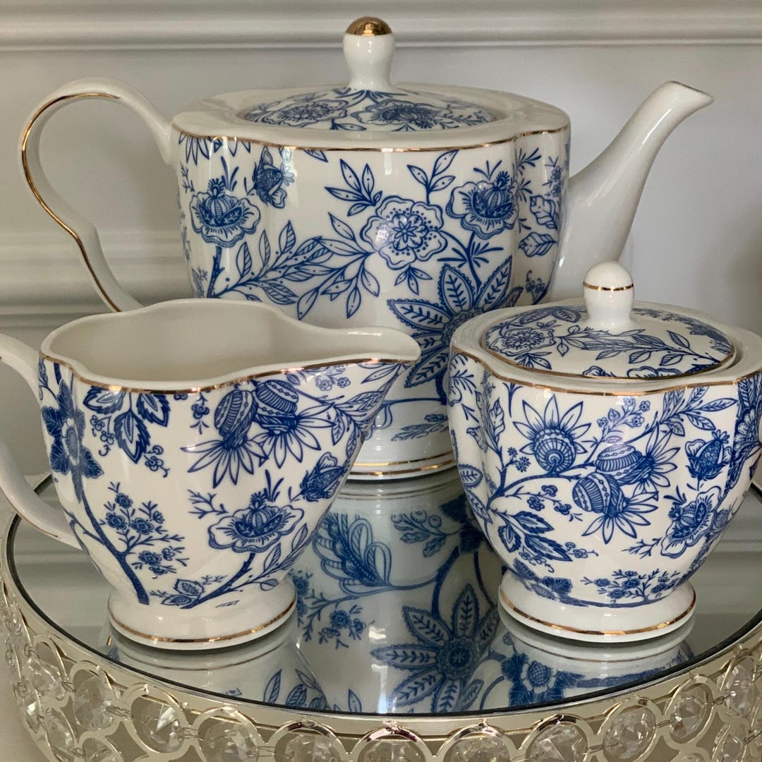 Blue and White Floral Lidded Teapot And/or Sugar & Cream Set | Blue ...