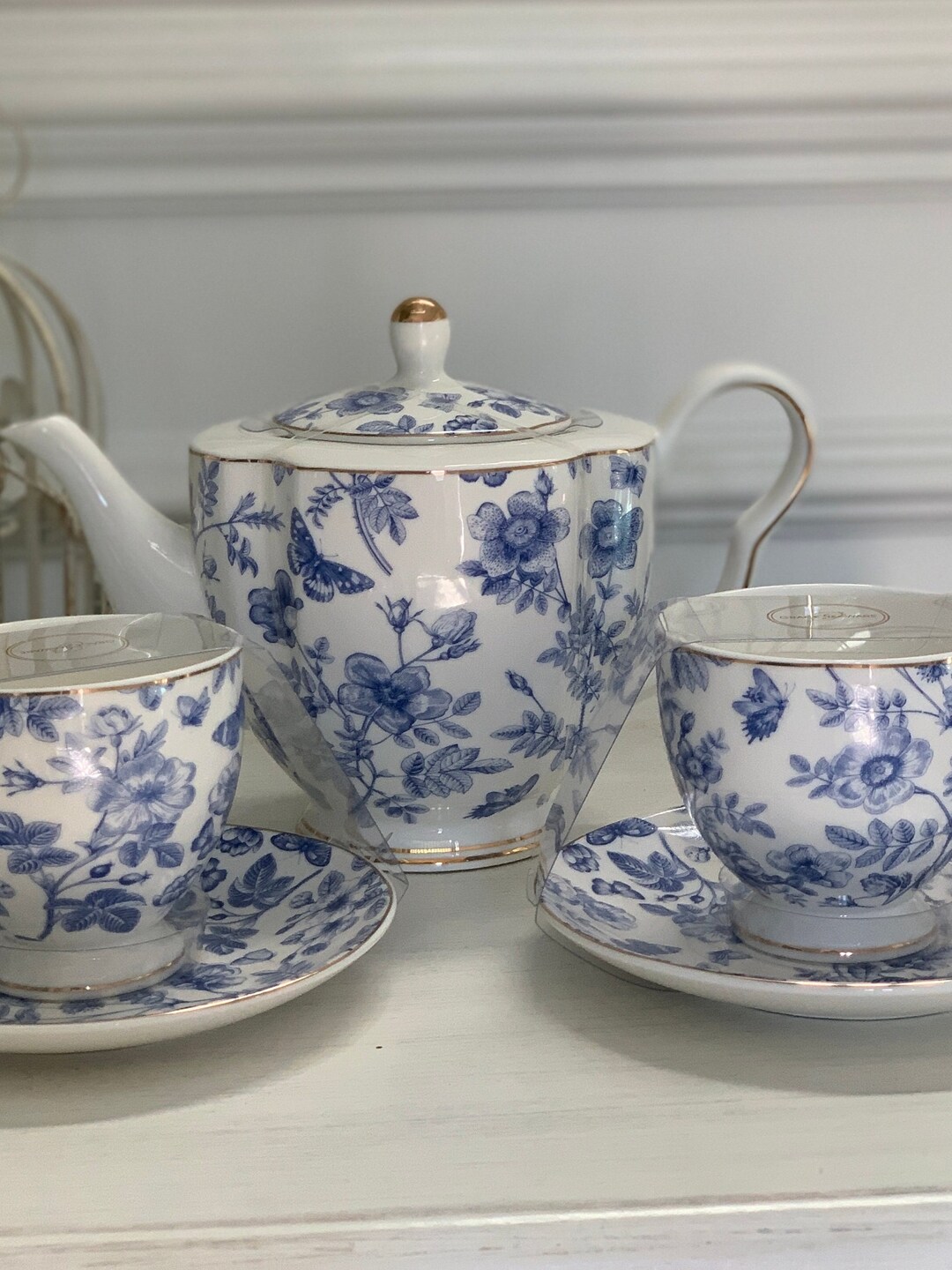 Blue and White Floral Lidded Teapot And/or 2 Teacp & Suacer Sets Blue Floral Design on White ...