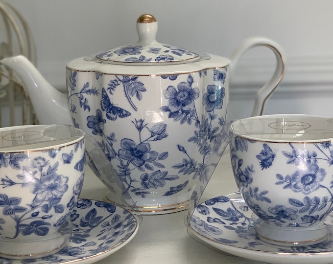 Blue and White Floral Lidded Teapot And/or 2 Teacp & Suacer Sets Blue ...