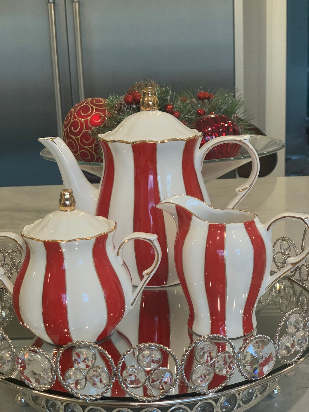 Red & White Peppermint Swirl Teapot or Sugar/ Creamer Set | Red Stripe ...