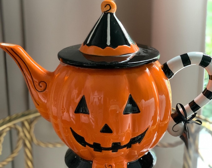 Large Retro Halloween Jack-o’-lantern Teapot | Witches Hat Lid ...