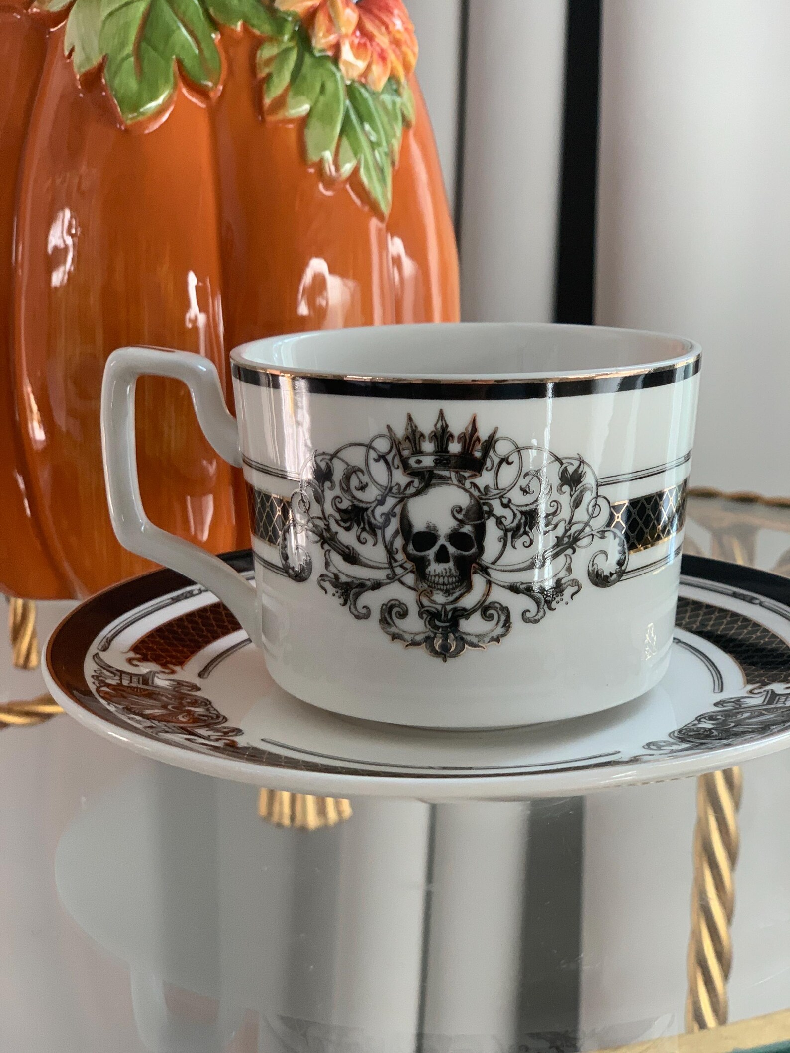 Skull and Crown Gothic Footed Teacup & Saucer Set Black and White With ...