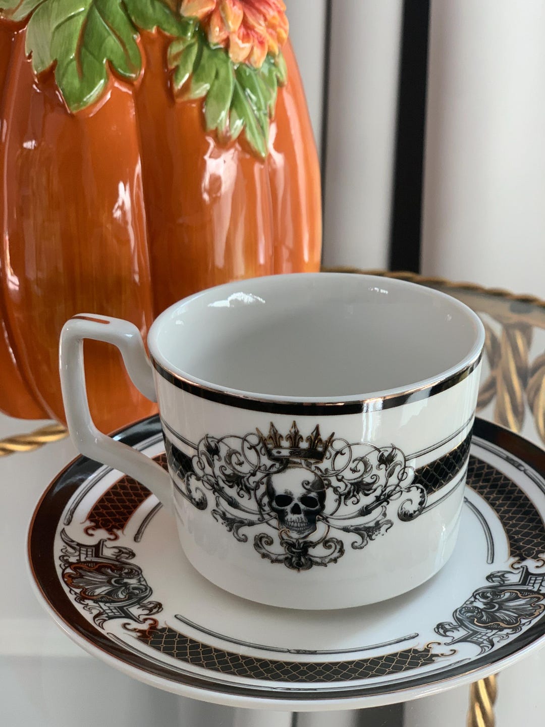 Skull and Crown Gothic Footed Teacup & Saucer Set Black and White With ...