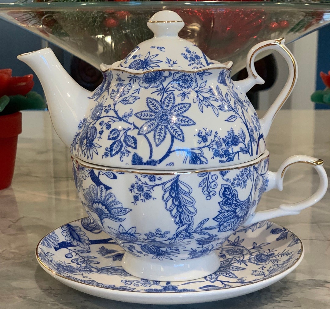 Pretty Blue and White Floral Individual Teapot & Teacup/saucer Set With ...