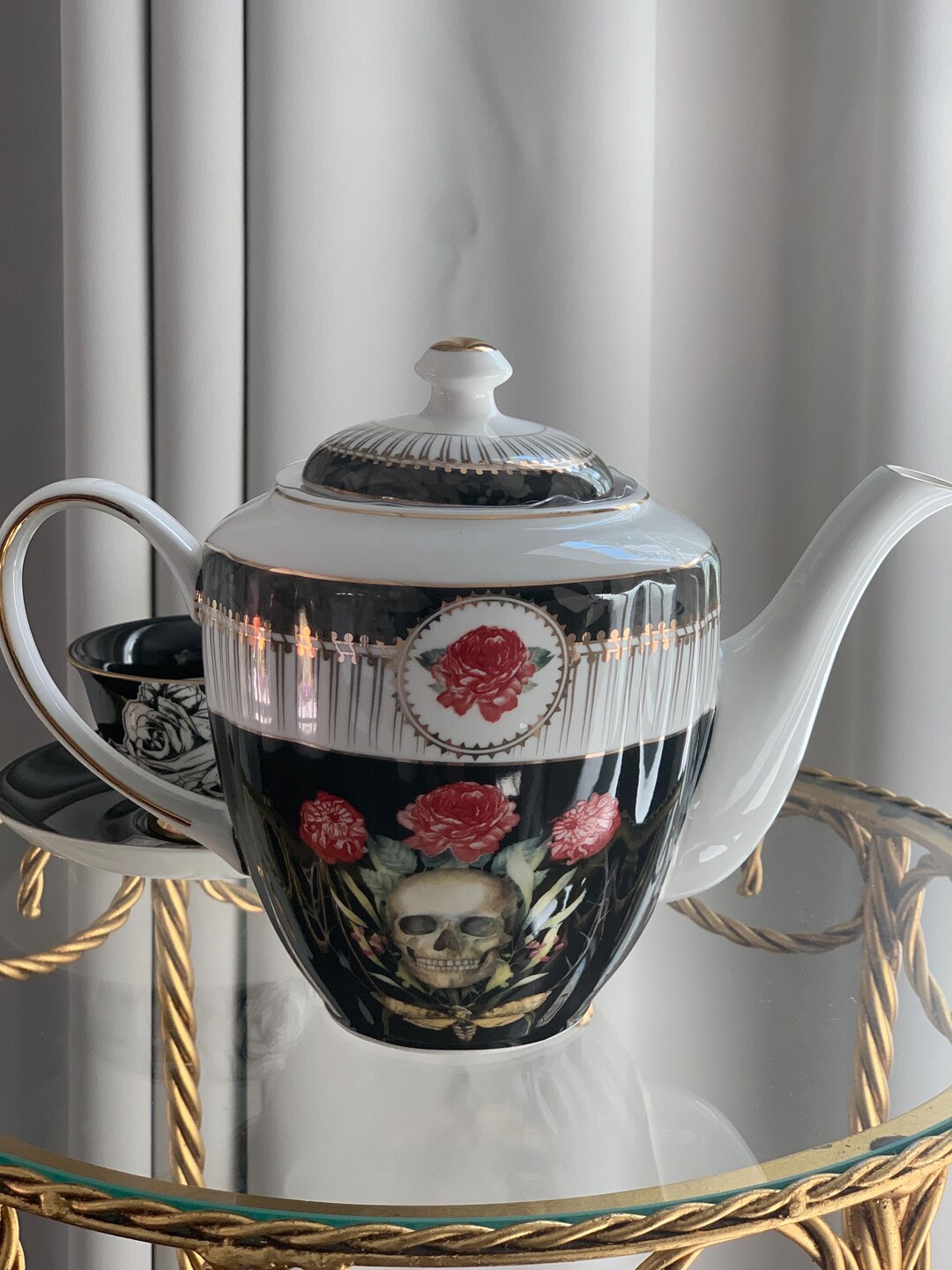 Skull and Red Roses Gothic Teapot | Black and White With Gold Trim ...