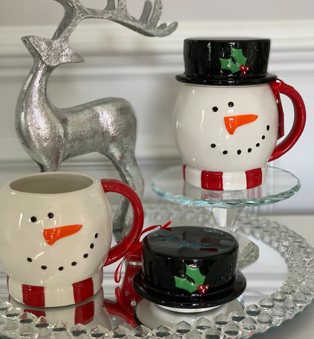 Adorable Snowman Mugs With Lids | Snowman Face W/candy Cane Strip Base ...