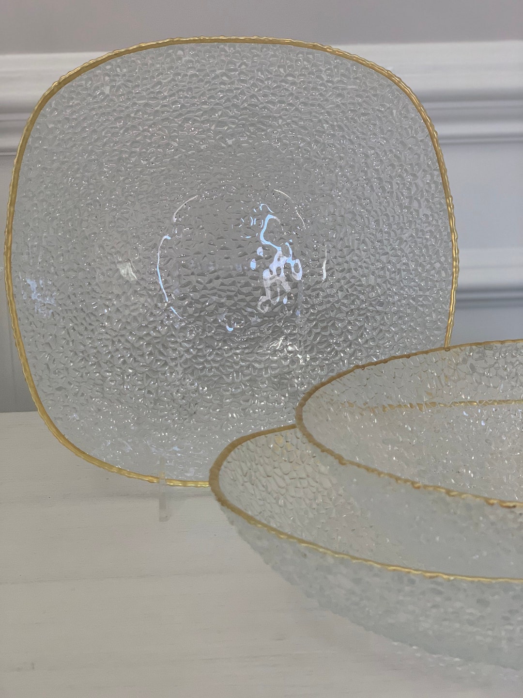 Set of 3 Glass Serving Bowl Set W/gold Rims | One Long Oval, Rounded ...
