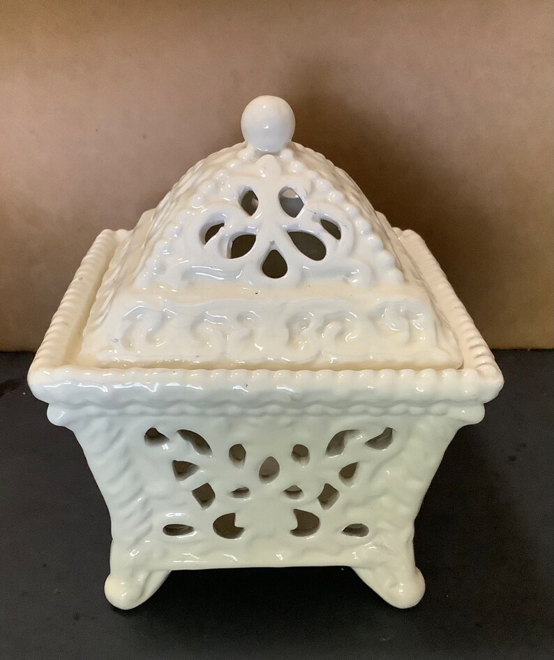 Ivory Pierced Edge Porcelain Container With Lid 6 - Etsy