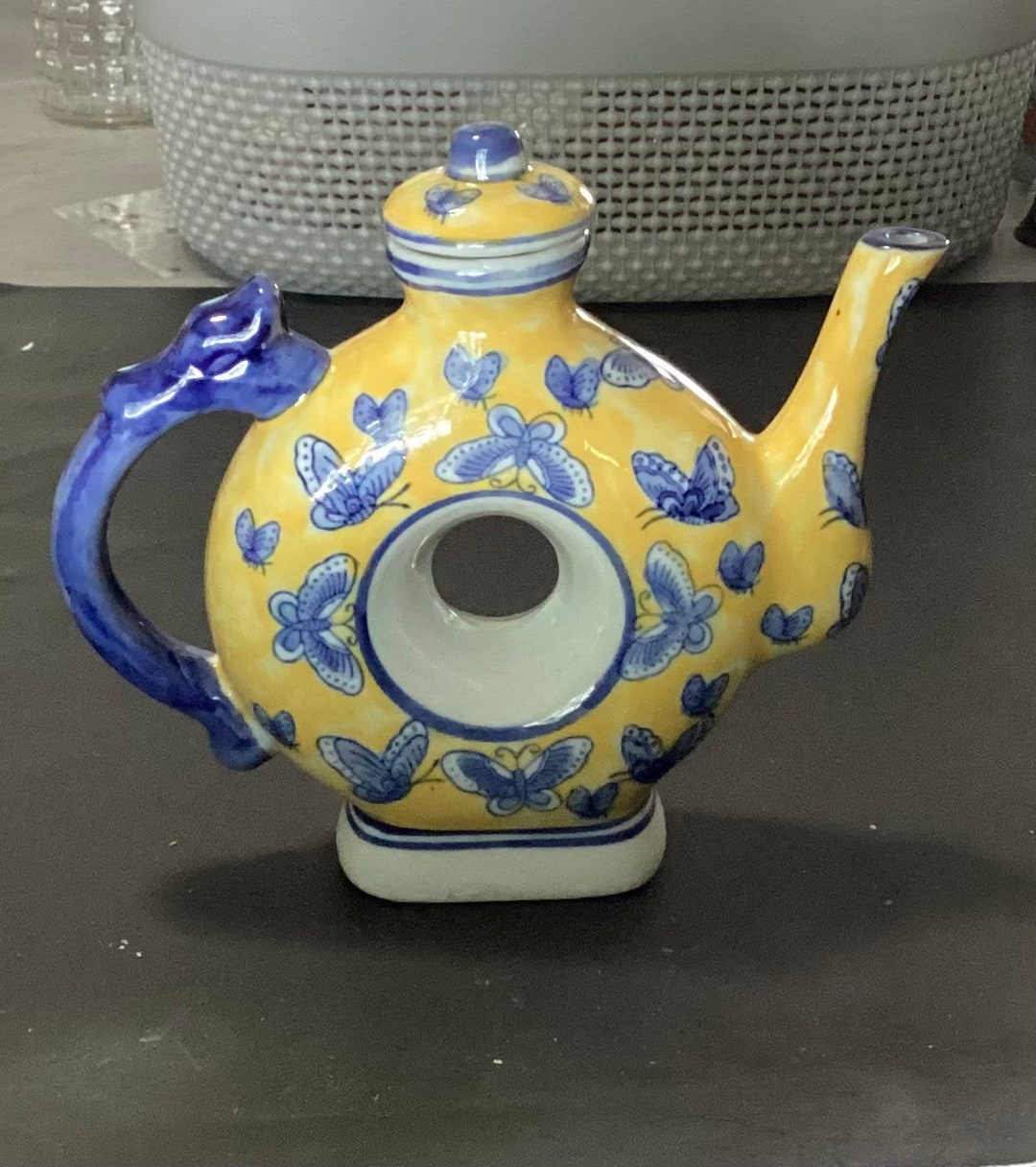Vintage Chinese Blue White and Yellow Butterflys With Dragon Handle ...