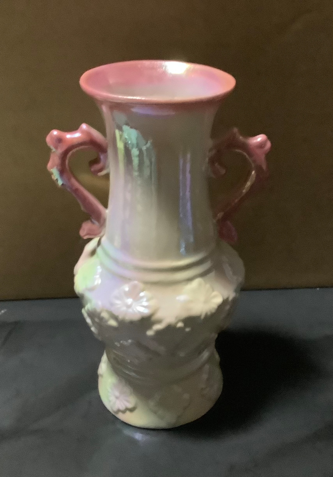 Vintage Pink and White Iridescent Lusterware Two Handle Porcelain Vase ...