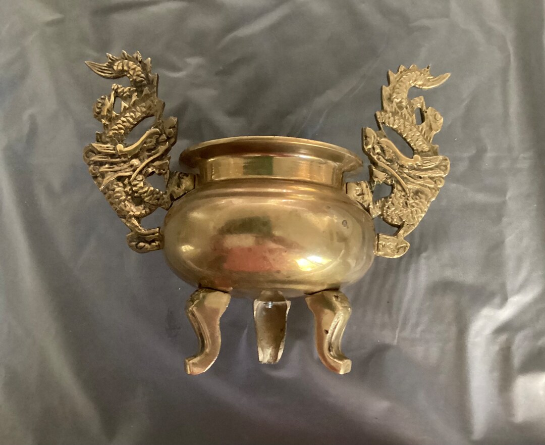 Vintage Chinese Brass Dragon Handles Footed Censor Burn Bowl / Planter ...