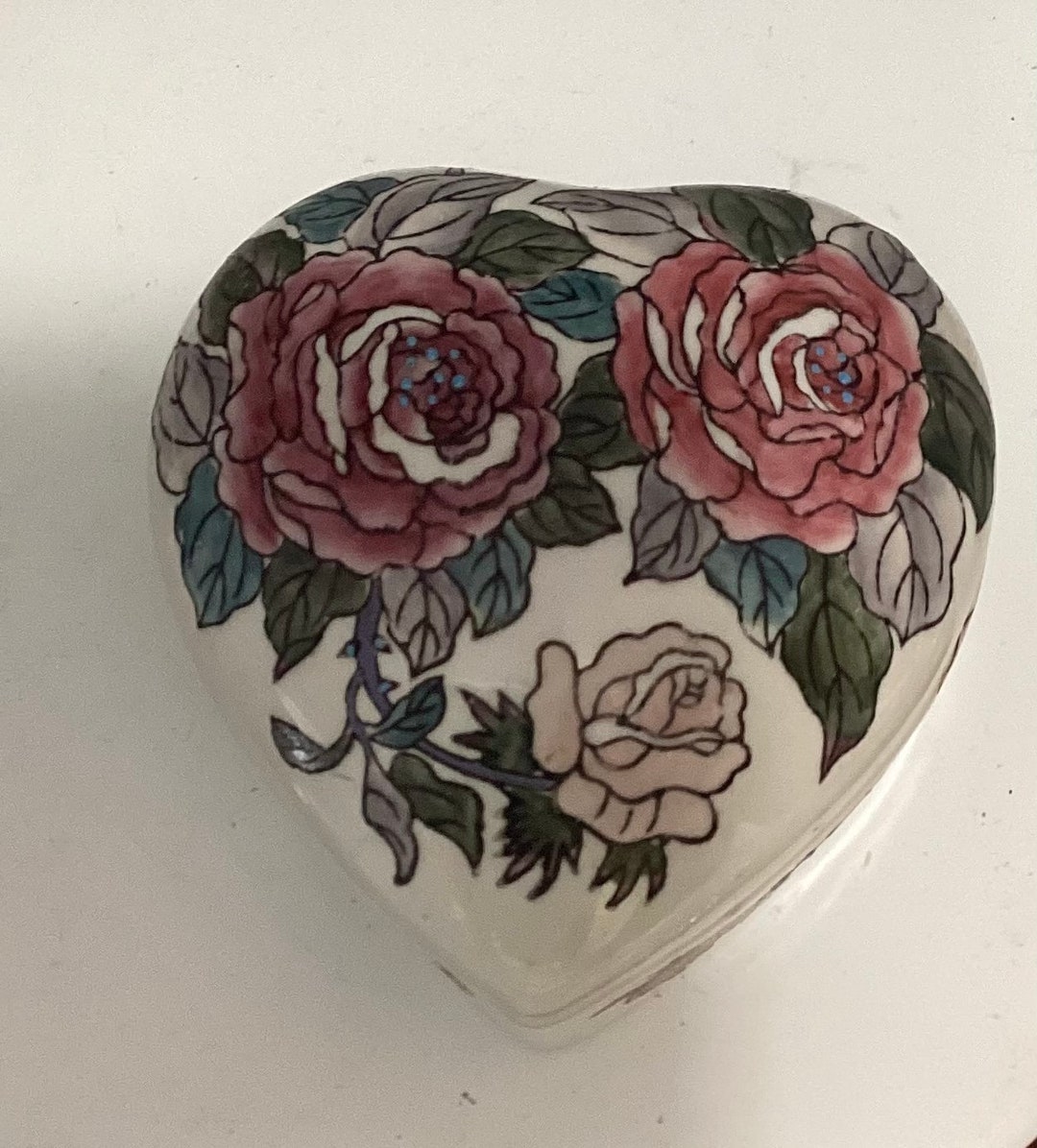 Vintage Japanese Toyo Roses Heart Shaped Porcelain Trinket Box Marked 4 ...