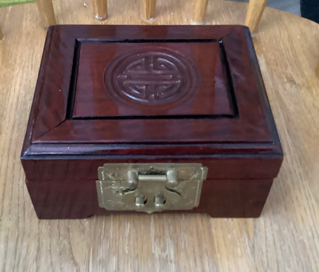 Vintage Chinese Rosewood and Brass Longevity Ring Jewelry Box 6 X 4 X 3 ...