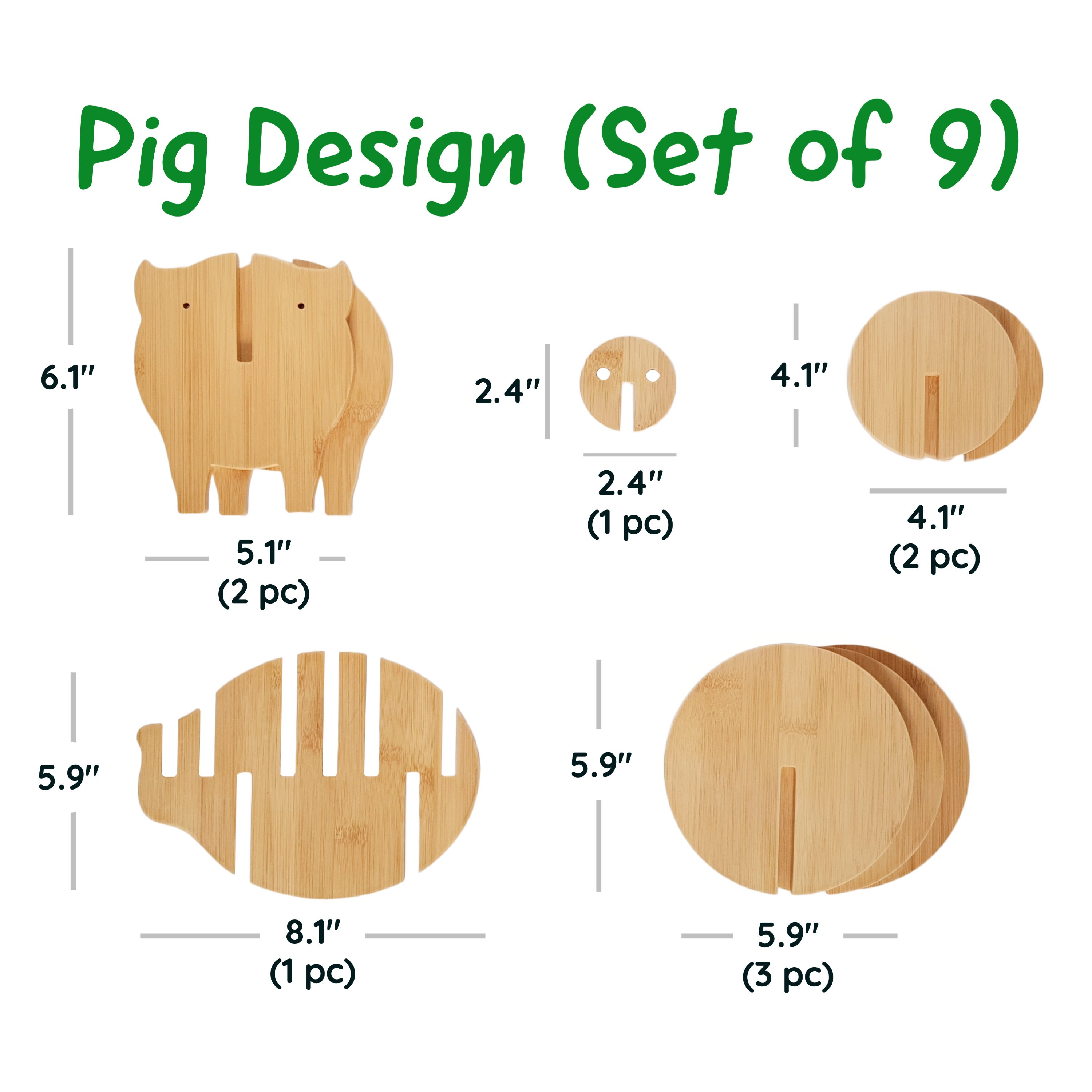 Pig Kitchen Decor, Set of 9 Bamboo Trivet/coaster, 3D Pig Gift for Pig ...