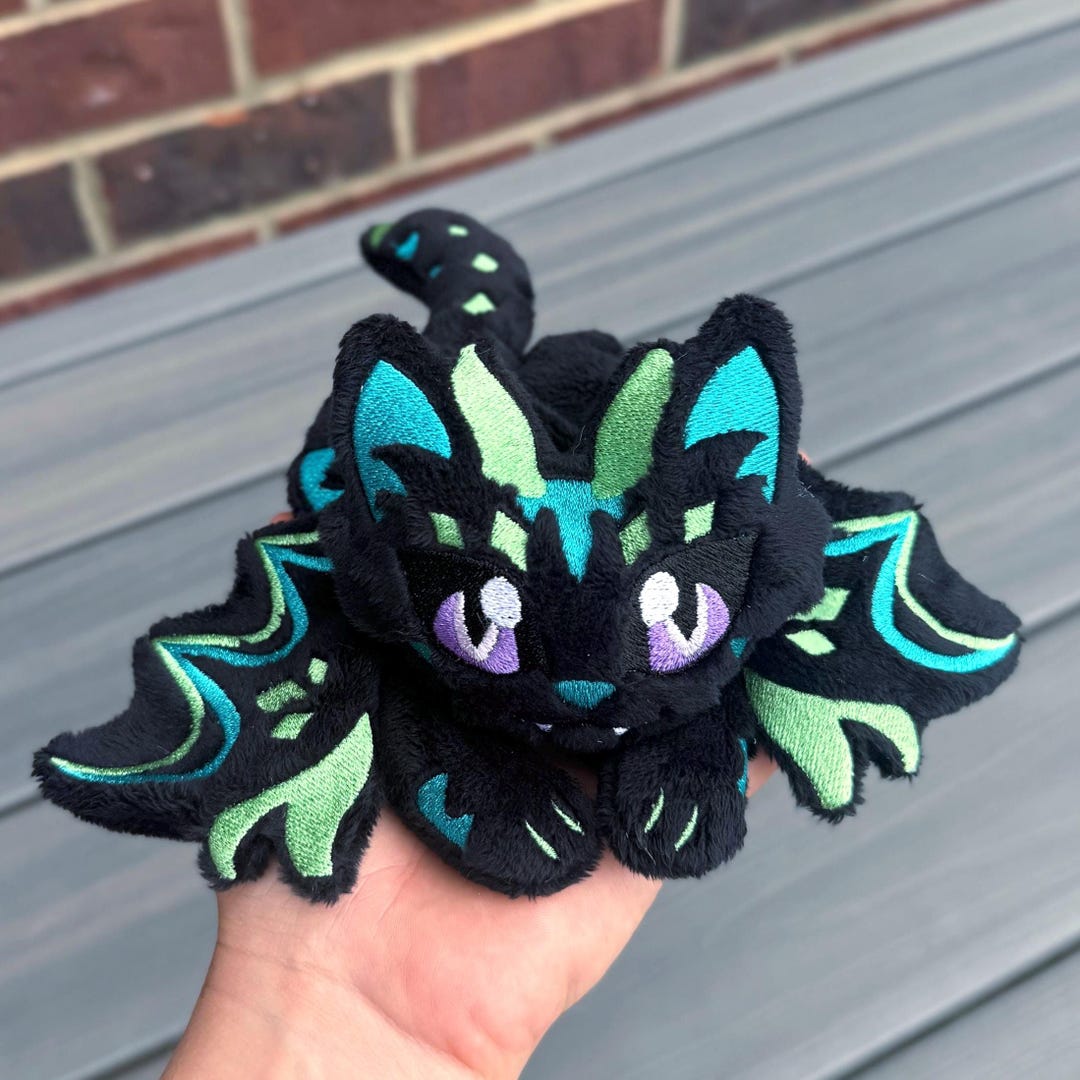 Handmade Cute Black and Teal Dragon Cat Plushie for Desk, Weighted ...