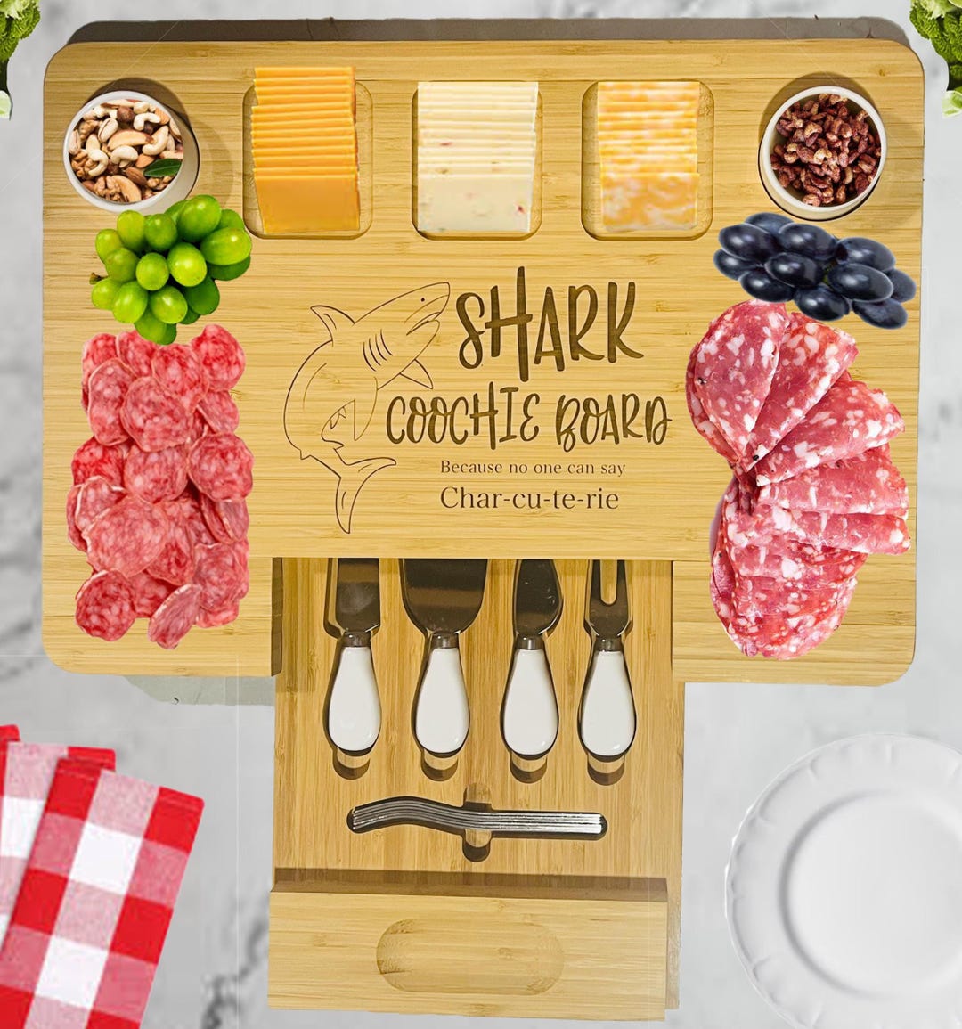Bamboo Charcuterie Board: "shark Coochie" Design, Utensil Drawer (18x13 ...