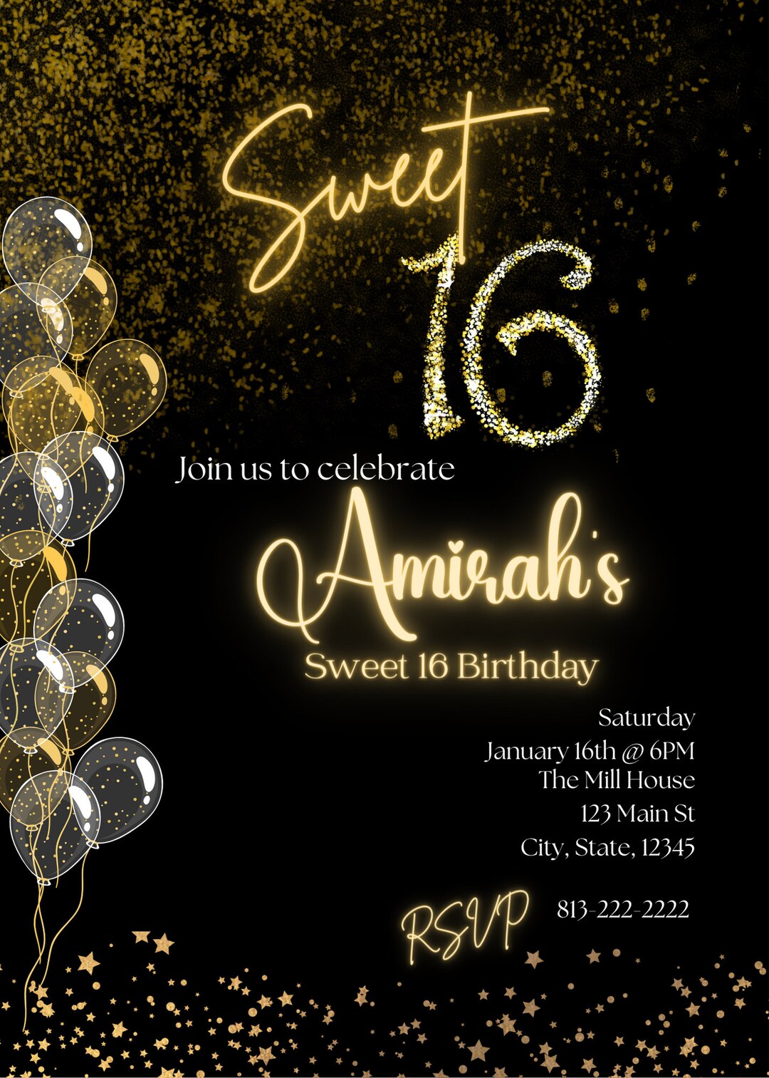 Editable Sweet 16 Birthday Invitation, Black and Gold Invitation, Neon ...
