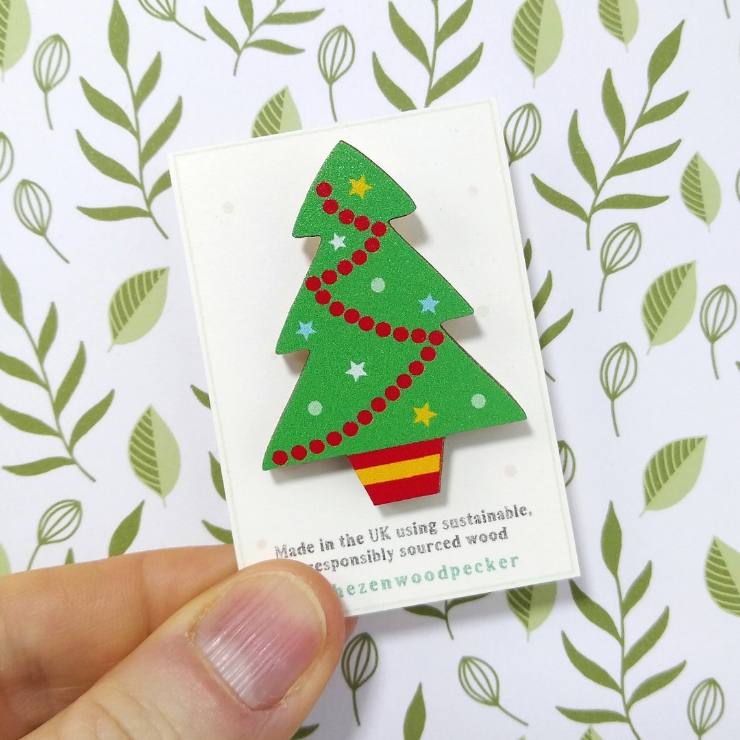 Christmas Tree Pin Badge, Xmas Tree Brooch, Festive Wooden Badge ...