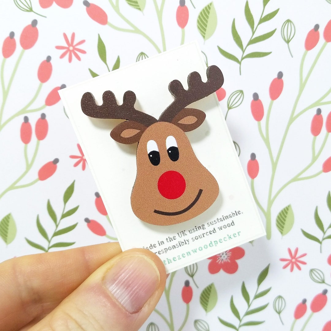 Rudolph Pin Badge, Christmas Reindeer Brooch, Festive Wooden Badge ...