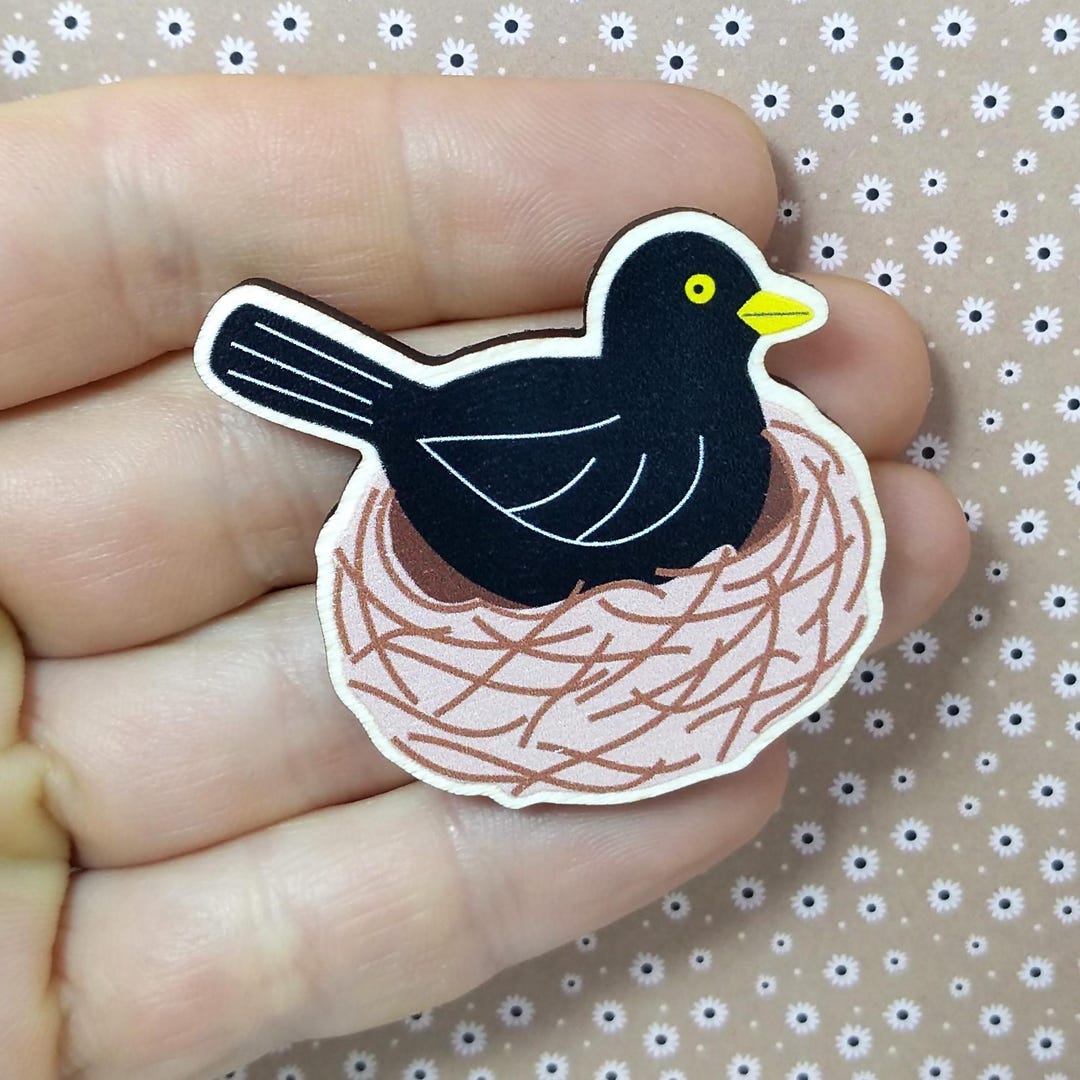Blackbird Pin Badge, Bird Brooch, Wooden Bird Badge, Bird on Nest ...