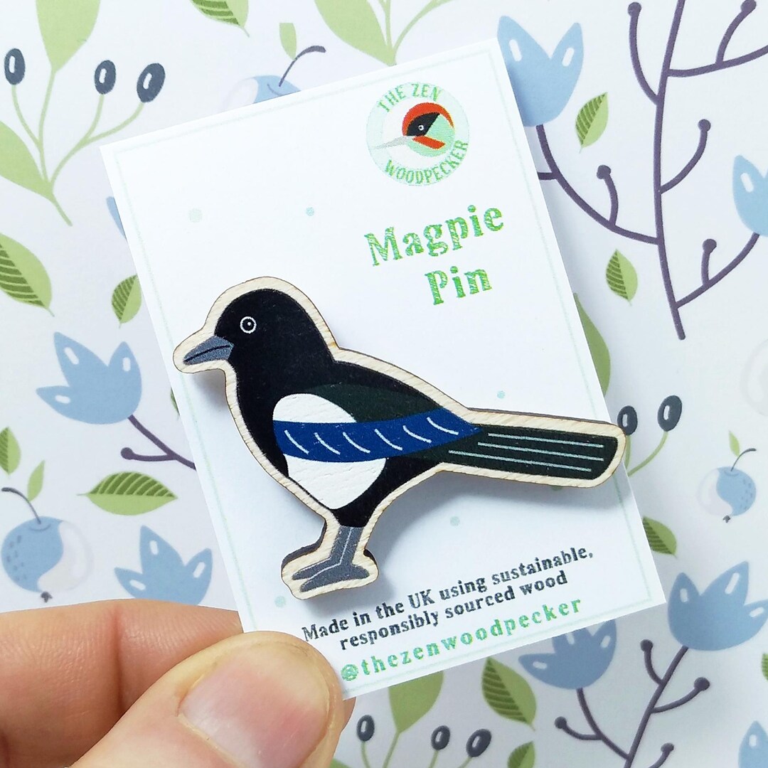 Magpie Pin Badge, Bird Brooch, Wooden Bird Badge, Corvid Badge, Bird ...