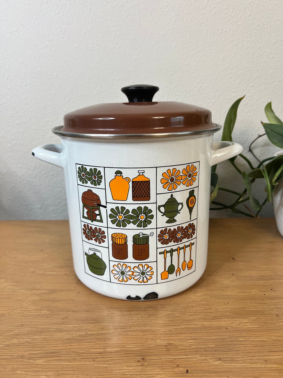 Vintage Enamel Small Stock Pot With Basket, Boho Decor, Danish Modern ...