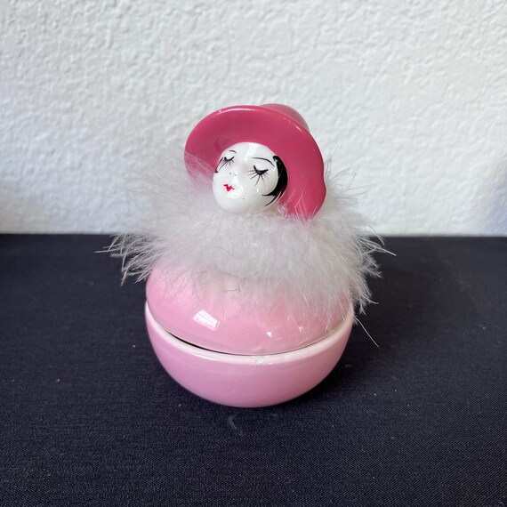 1950's Lady Head Powder Jar, Pink Covered Trinket Dish - Gem
