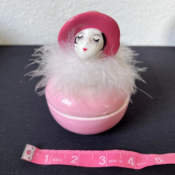 1950's Lady Head Powder Jar, Pink Covered Trinket Dish - Gem
