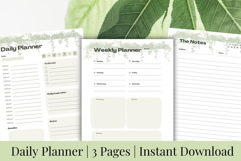 Printable Daily and Weekly Planner, Instant Download, Green Plant ...