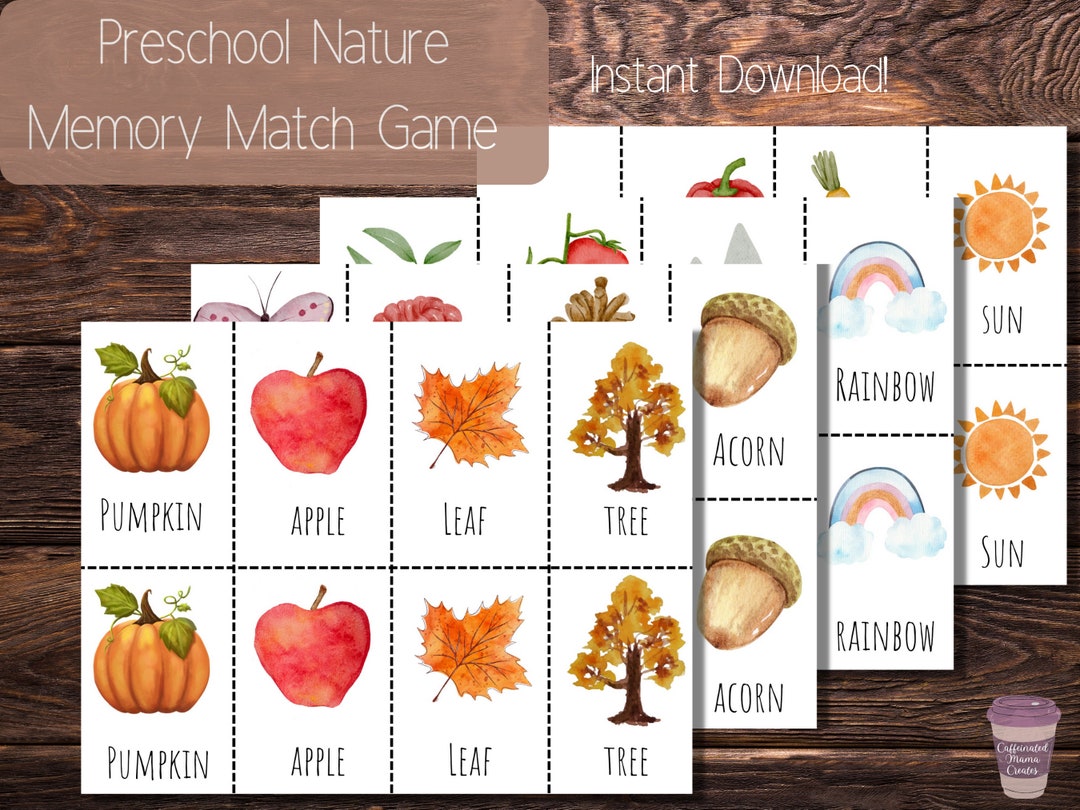 Watercolor Preschool Nature Memory Matching Game, Homeschool, Prek ...