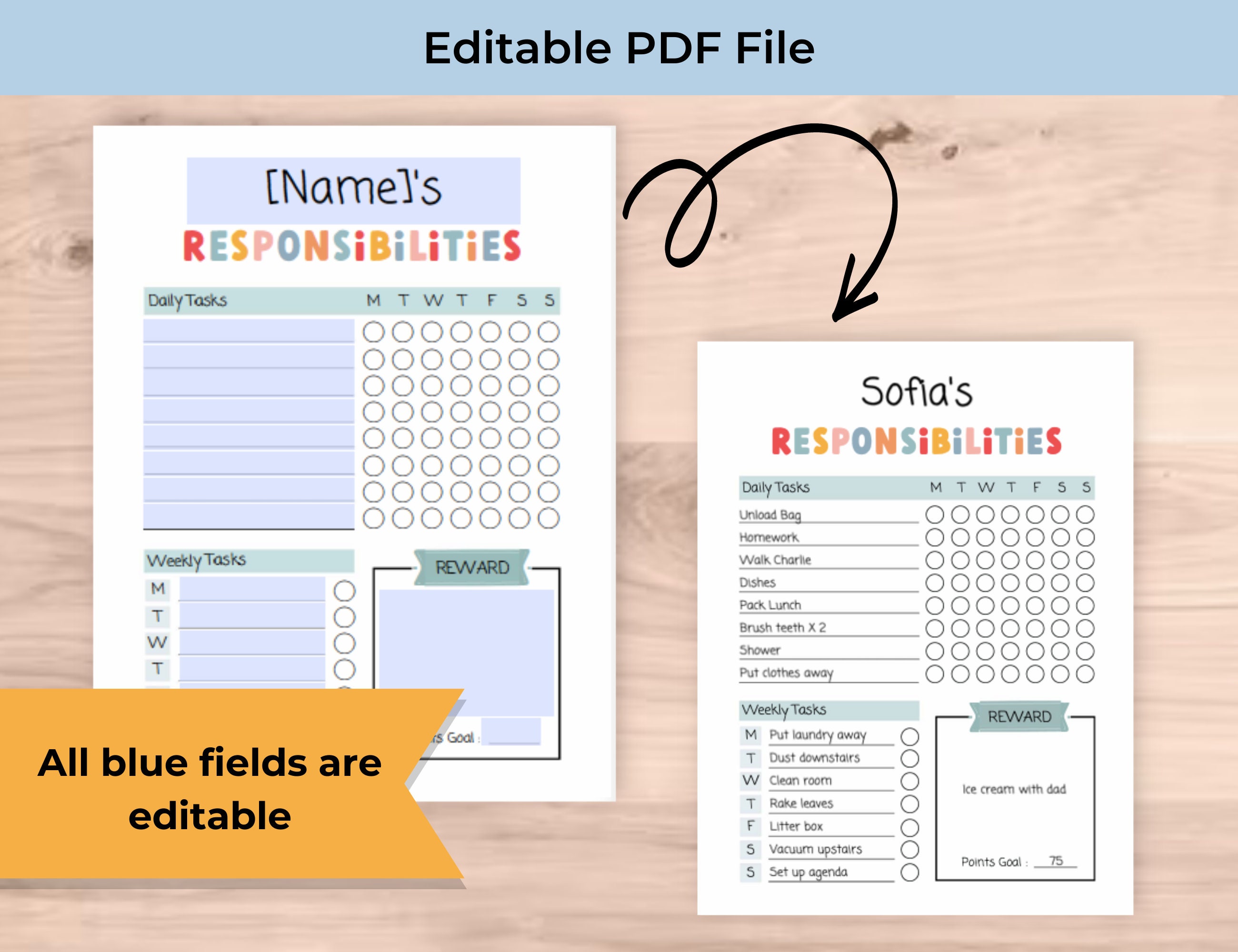 Responsibility Chore Chart for Kids. Chore Chart Editable - Etsy Nederland