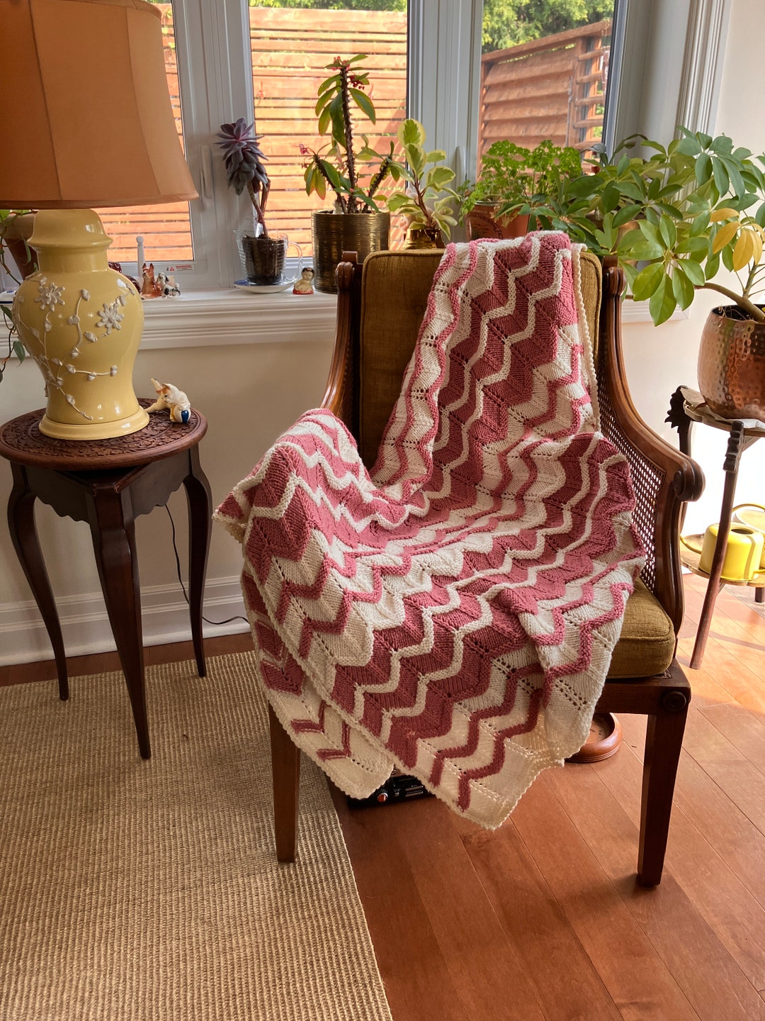 Dusty Pink/white Vintage Crochet Afghan, Chevron Pattern Afghan ...
