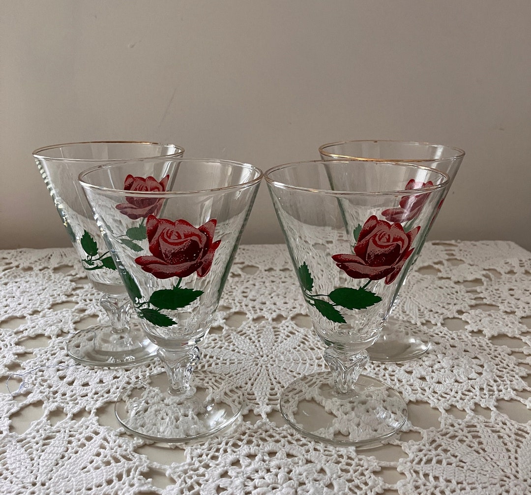 Set of 4 Red Rose Cocktail Glasses, Libby Glass, Rose Glass Stemware ...