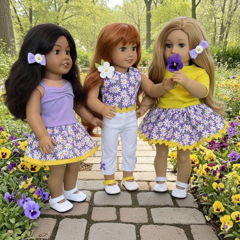 18" Doll Lavender and Yellow Daisy Set With Matching Hair Accessory and ...