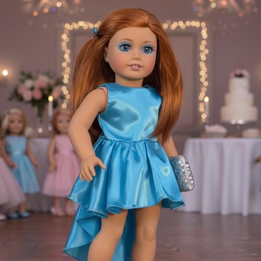 18" Doll Satin Blue Hi Low Dress With Glitter Shoes and Gem Hair Clip ...