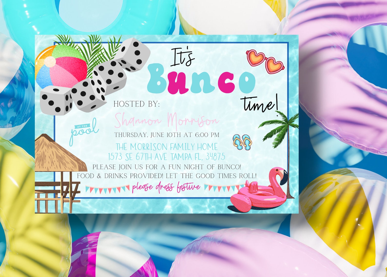 BUNCO Pool Party Invitation, Bunco Summer Invite, Bunco Digital ...