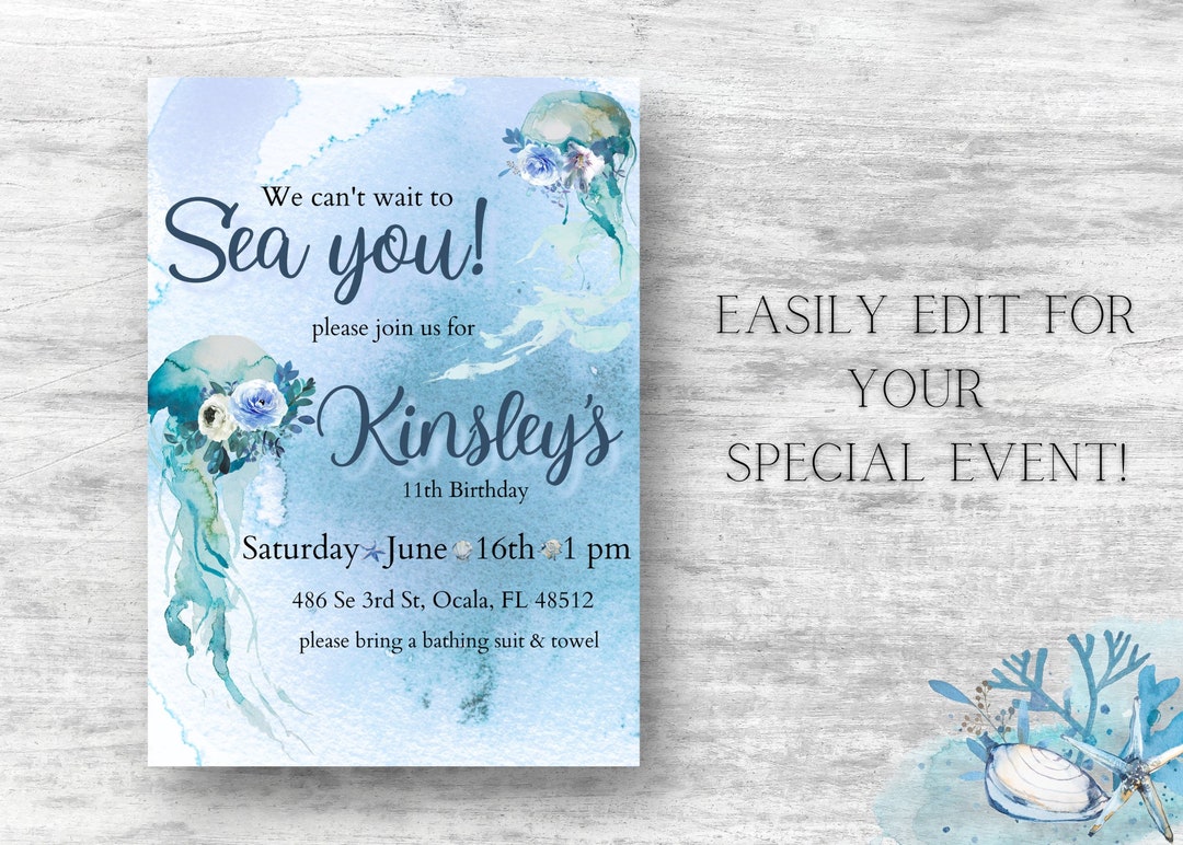 Ocean Theme Birthday Invitation, Ocean Birthday Invite, Jellyfish ...