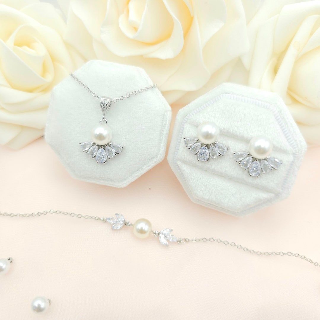 925 Sterling Silver Chain & Earring Post Cubic Zirconia Pearl Earring ...