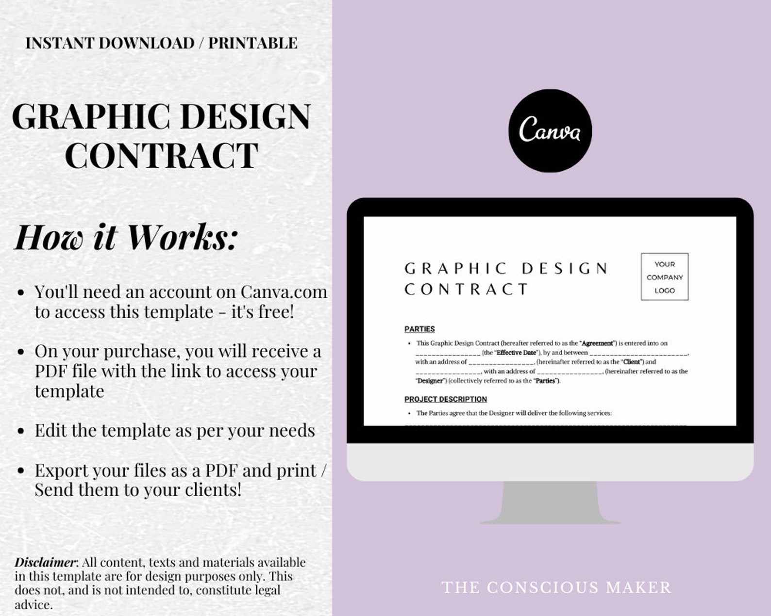 Graphic Design Client Contract Template | Editable Canva Agreement ...